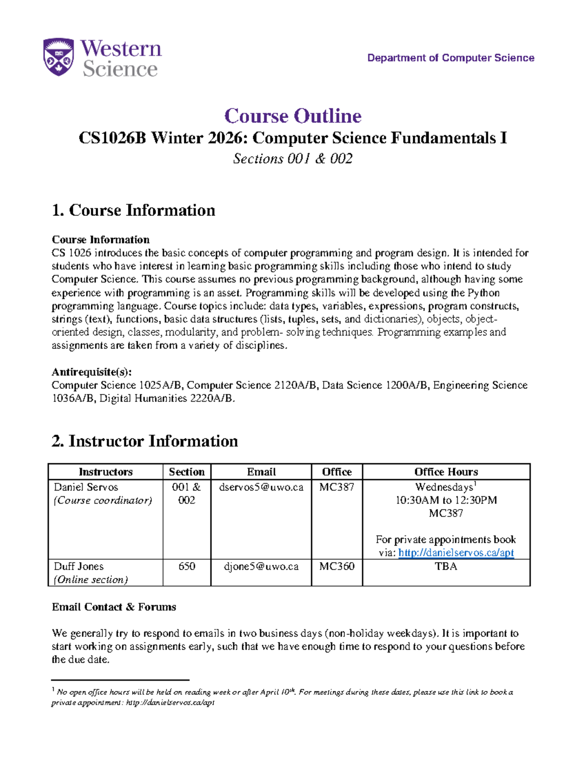 CS1026B Winter 2026 Course Outline: Computer Science Fundamentals I ...