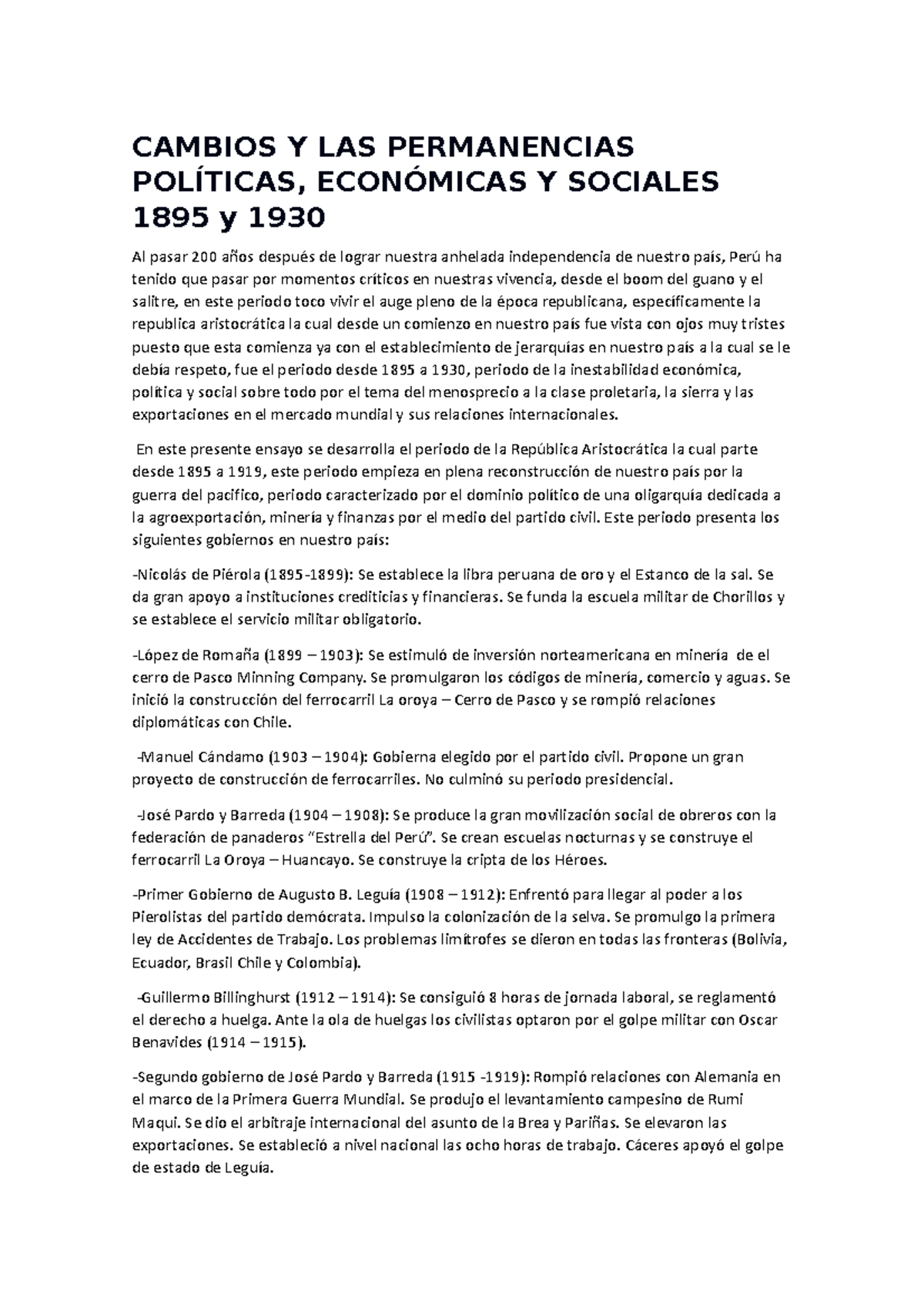 S03- tema, cambios y las permanencias sociales ocurridas entre 1895 y 1930 - CAMBIOS Y LAS - Studocu