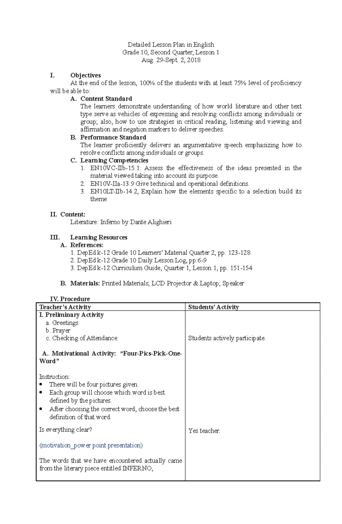 Semi Detailed LP Final Inferno - Semi-Detailed Lesson Plan in English ...