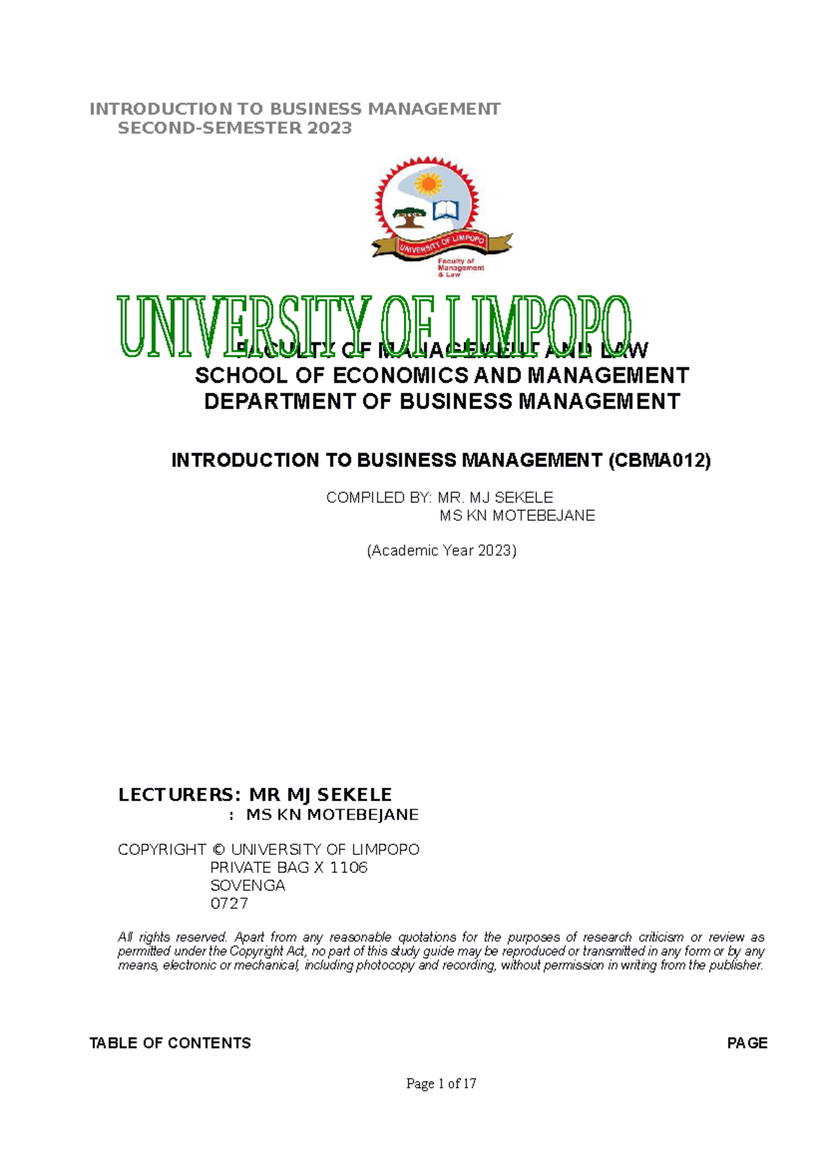 CBMA012 Introduction to Business Management Course Outline 2023 - Studocu