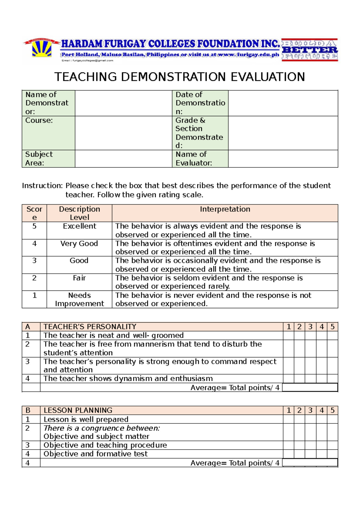 TEACHING DEMONSTRATION EVALUATION - Course Code: DEMO-TOOL - Studocu
