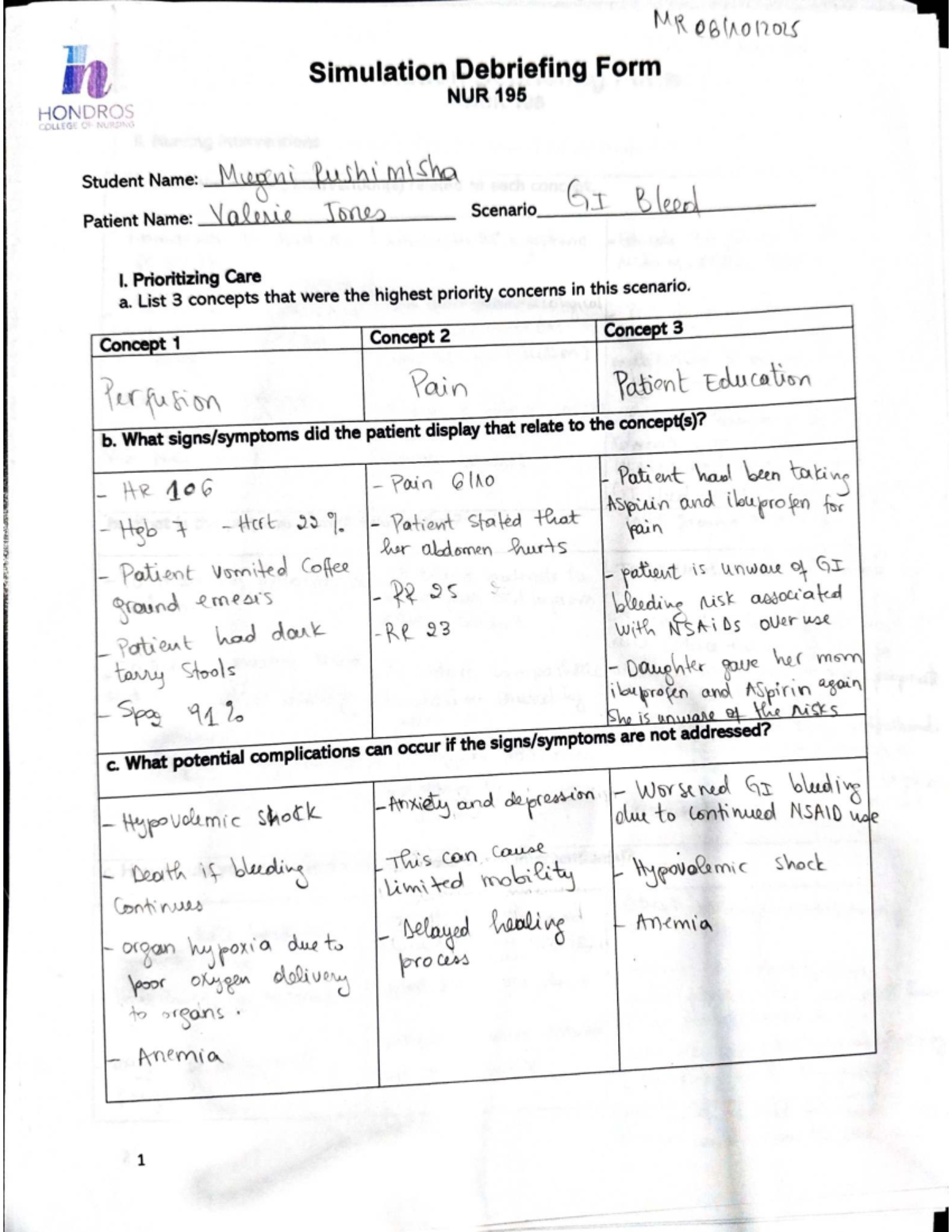 MR Simulation Debriefing Form for GI Bleed Patient - NUR 195 - Studocu