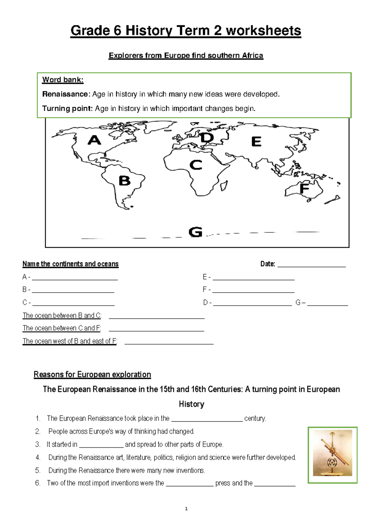 Gr. 6H Term 2 History Worksheets: European Explorers in Southern Africa ...