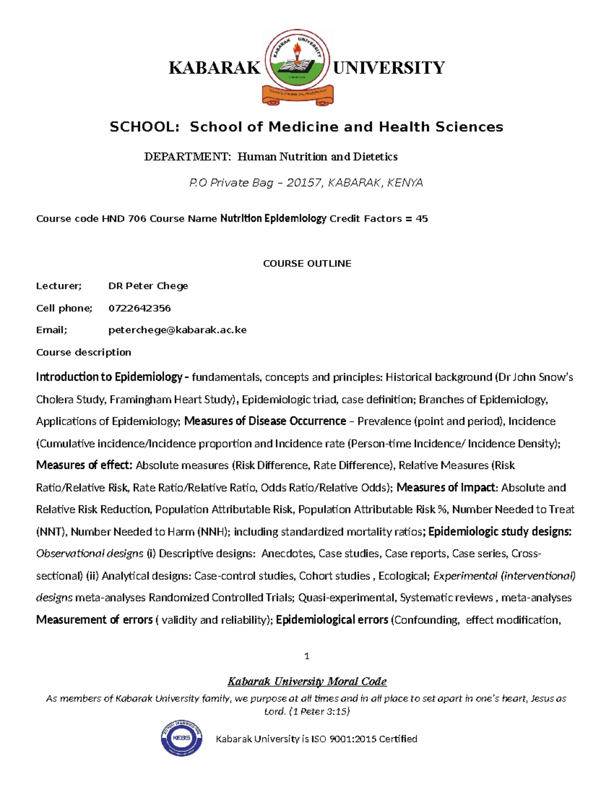 HND 706 Course Outline - NOTES - KABARAK UNIVERSITY SCHOOL: School of ...