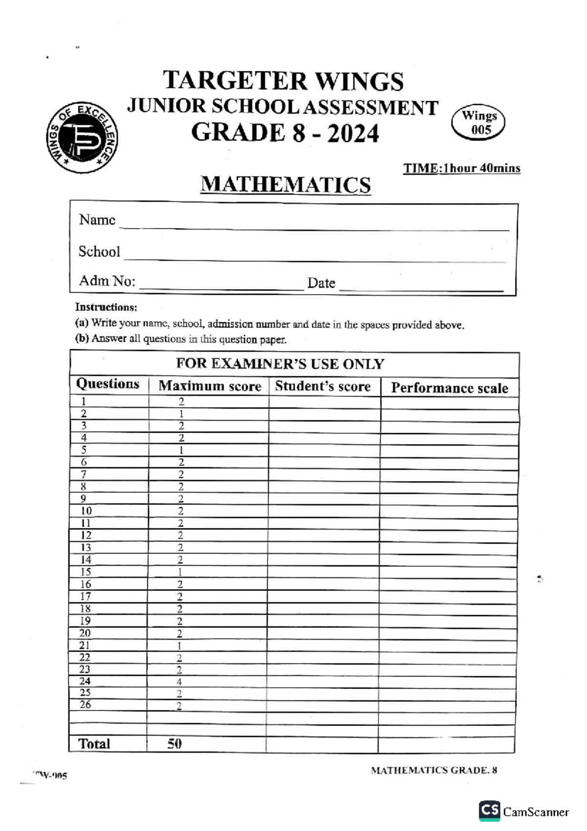 G8 Mathematics Assessment 2024 - Targeter Wings Junior School - Studocu
