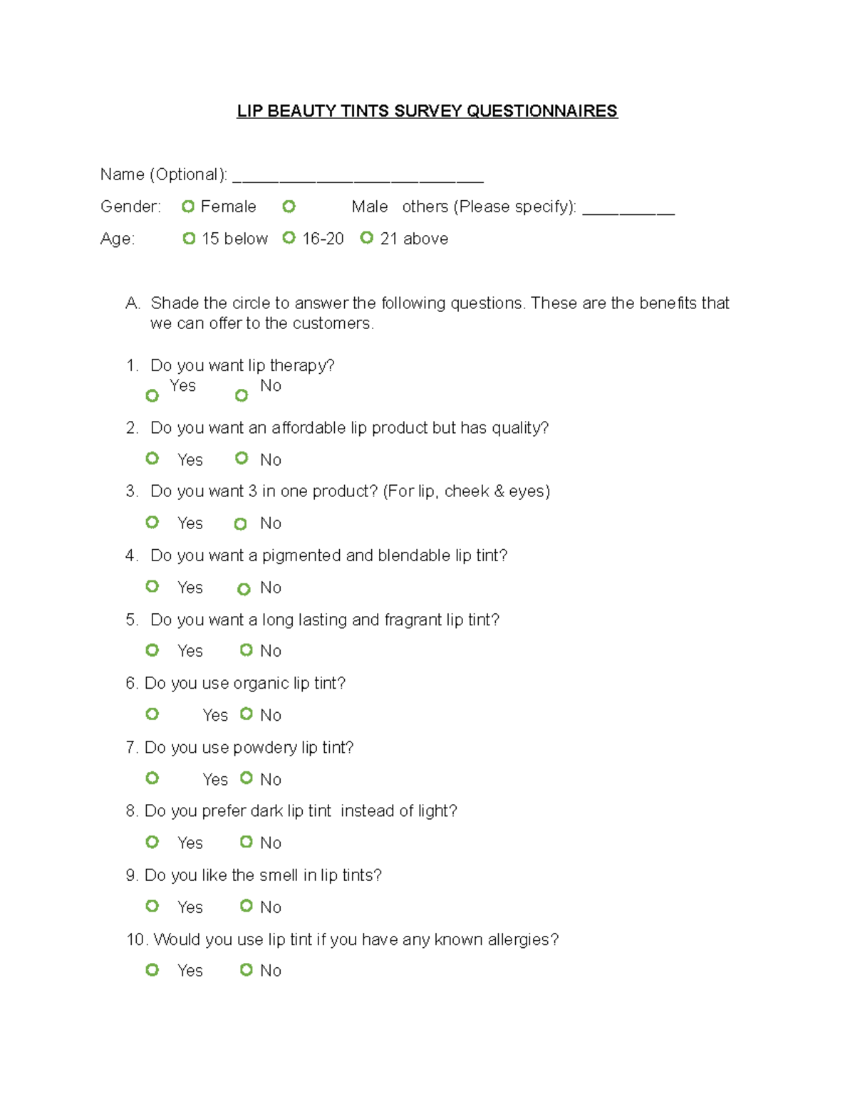 LIP Beauty Tints Survey Questionnaires - LIP BEAUTY TINTS SURVEY ...