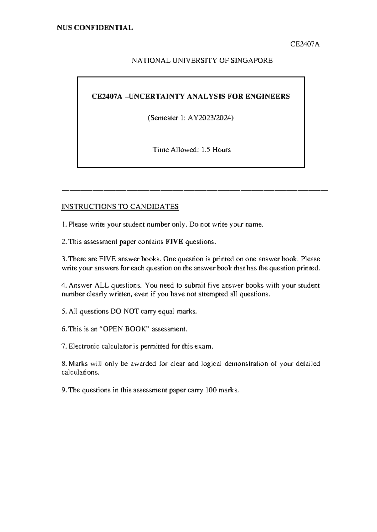 CE2407 A+exam+AY2023 - Lecture note - CE 2407 A NATIONAL UNIVERSITY OF ...