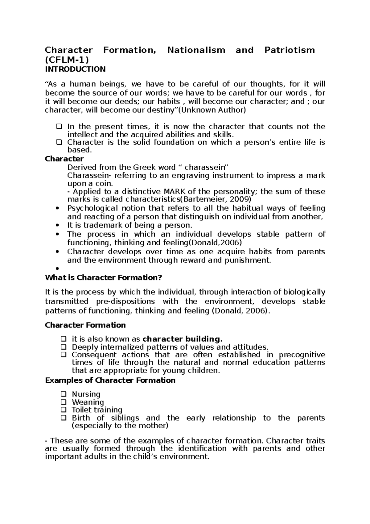 CFLM1 - Character Formation, Nationalism, and Patriotism Notes - Studocu