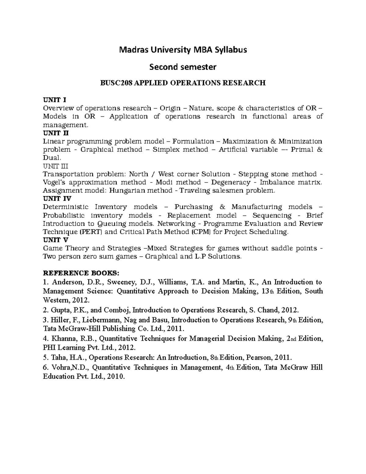 BUSC208 Syllabus: Applied Operations Research for MBA Second Semester ...