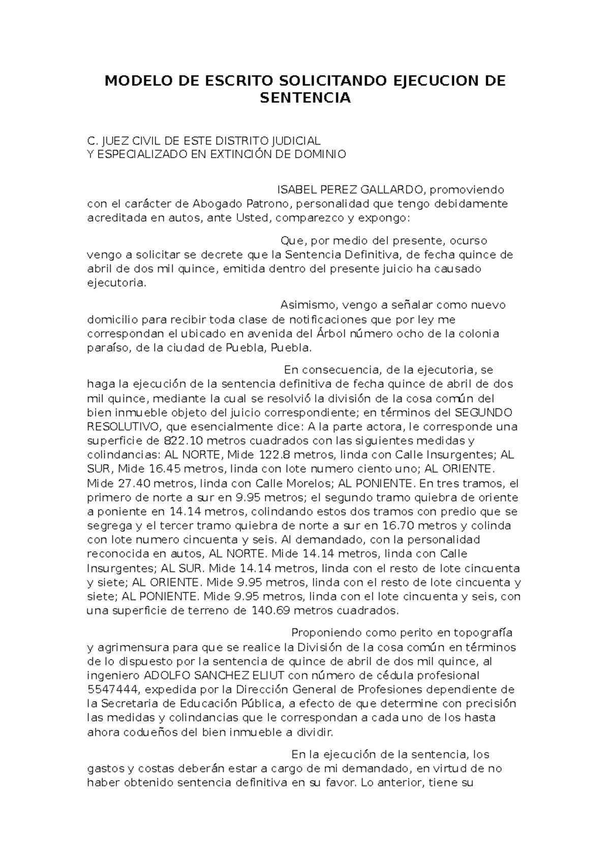 Solicitud de Ejecución de Sentencia - Civil SLP 2016 - Studocu