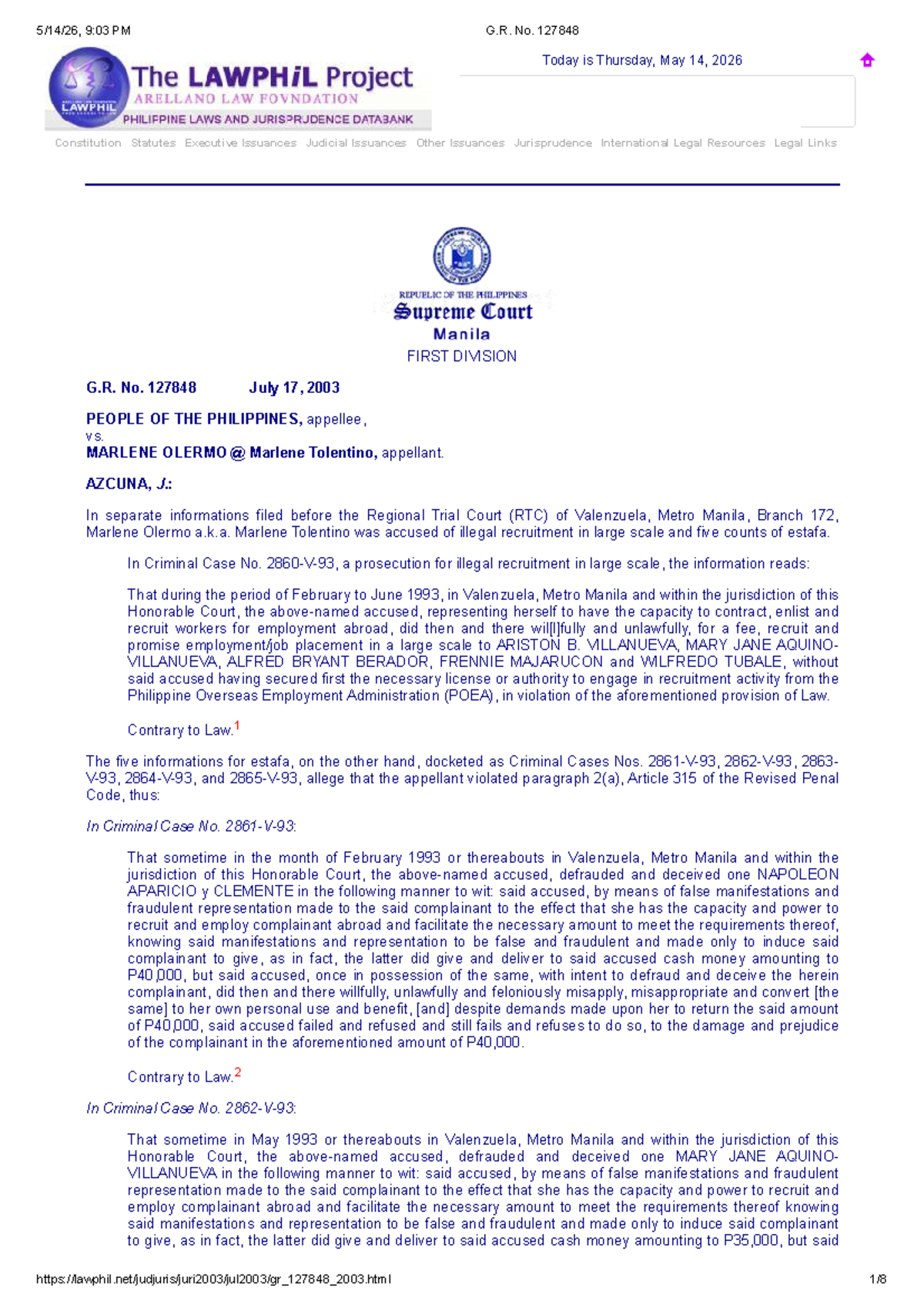 G.R. No. 127848: People vs. Olermo - Illegal Recruitment & Estafa Case ...