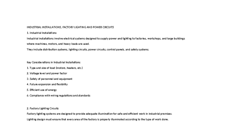 INDUSTRIAL INSTALLATIONS: FACTORY LIGHTING & POWER CIRCUITS - Studocu