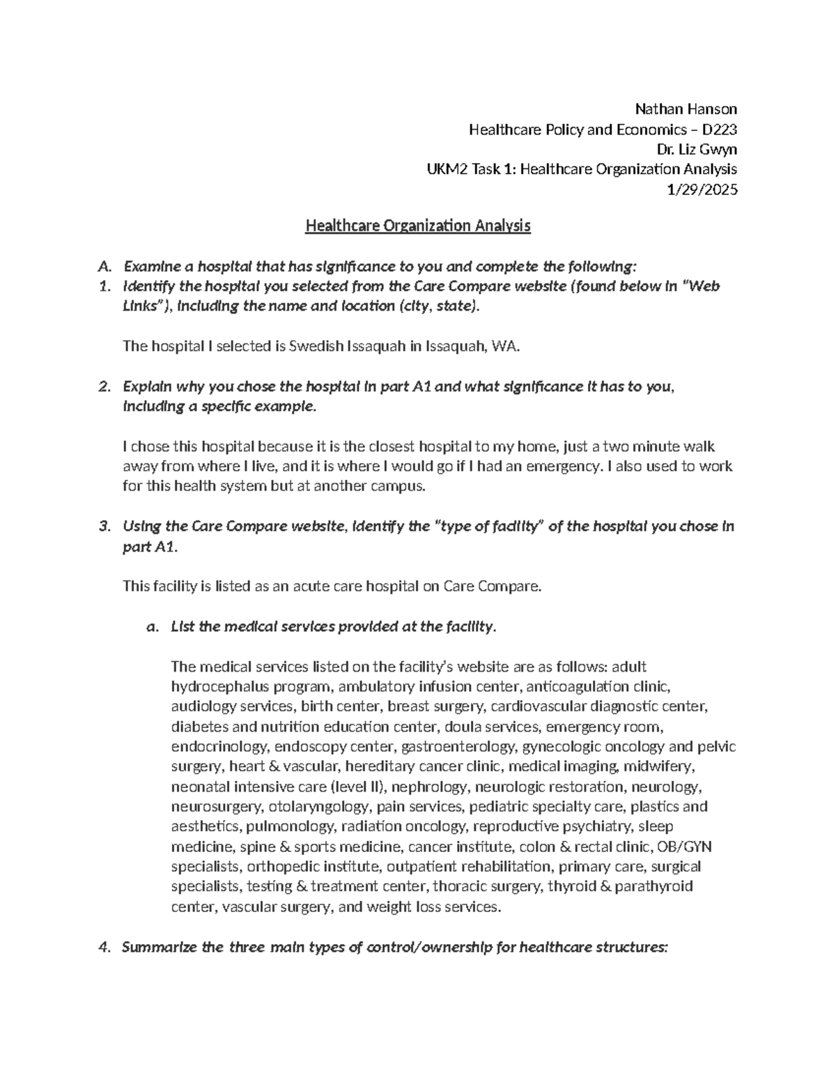 D223 Task 1 - Healthcare Organization Analysis of Swedish Issaquah ...