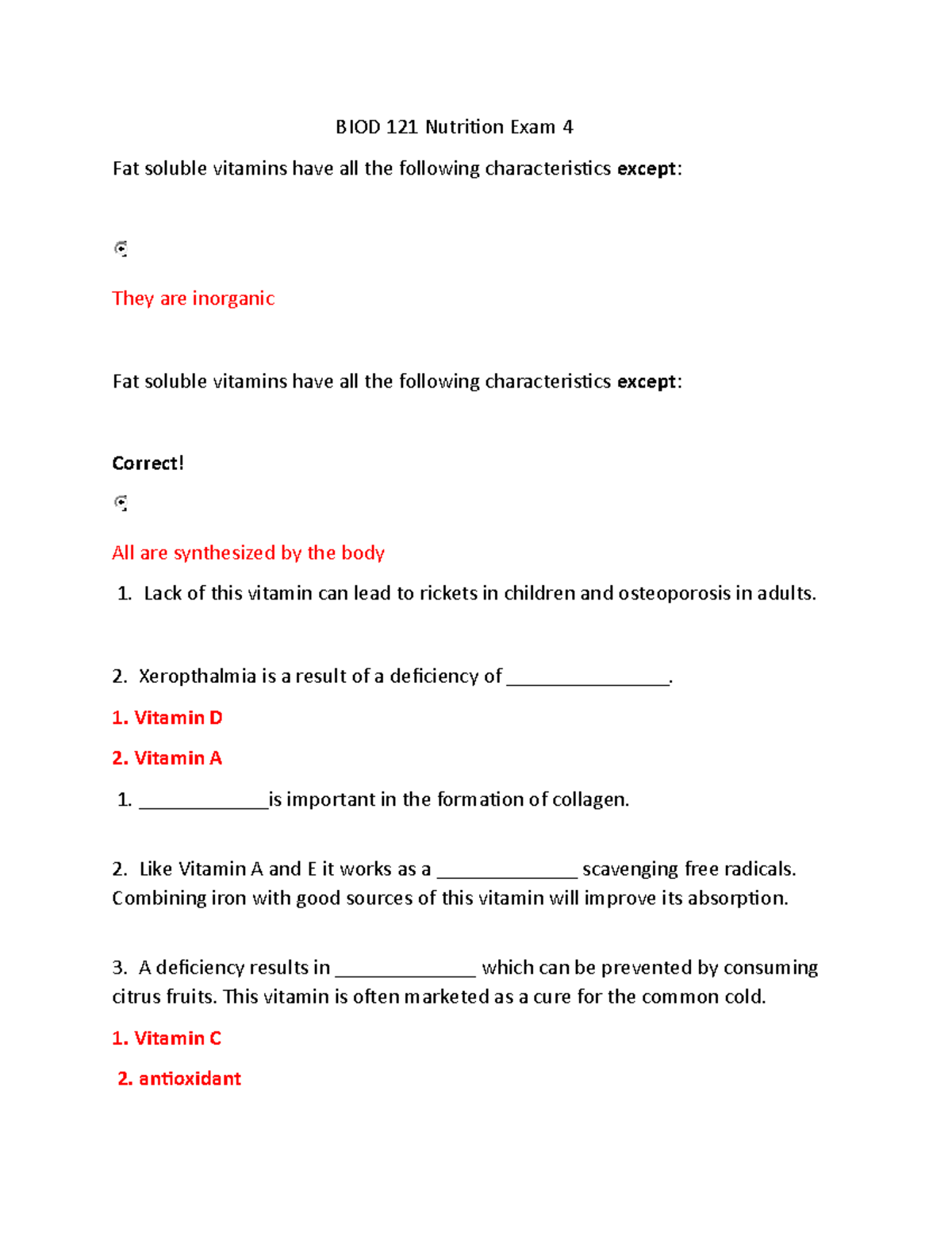 BIOD 121 Nutrition Exam 4 - BIOD 121 Nutrition Exam 4 Fat soluble ...