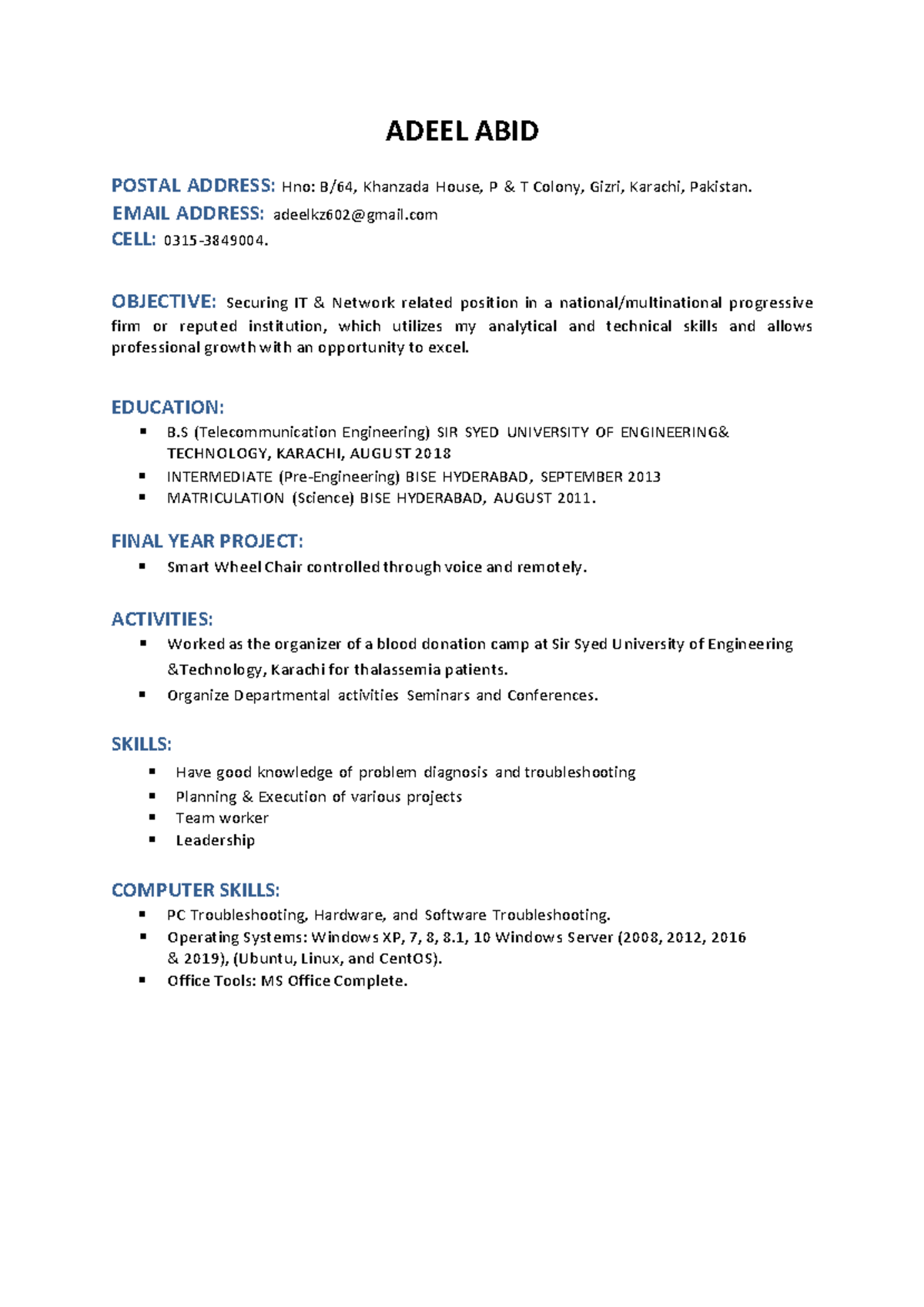 Adeel Abid - CV Summary for IT & Network Role by Prof. Ghulam R. Soomro ...
