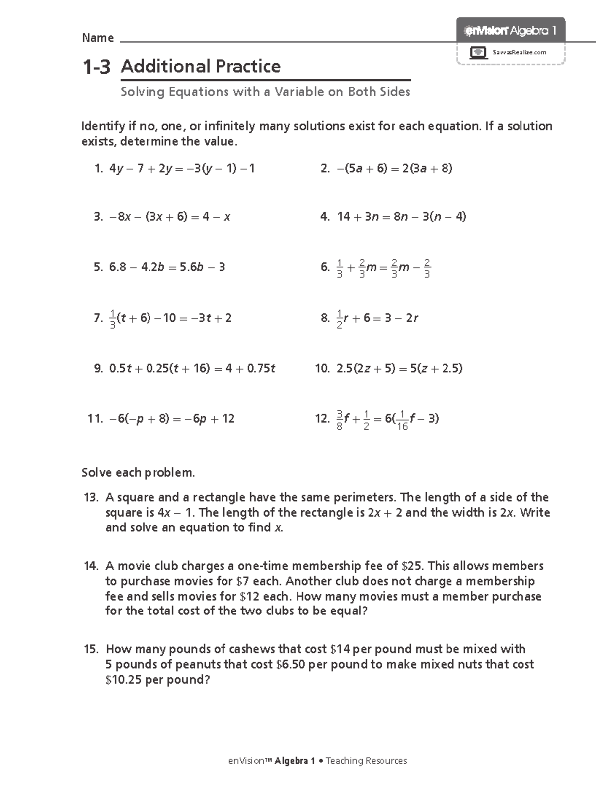 C3 - Additional Practice: Solving Equations with Variables on Both ...