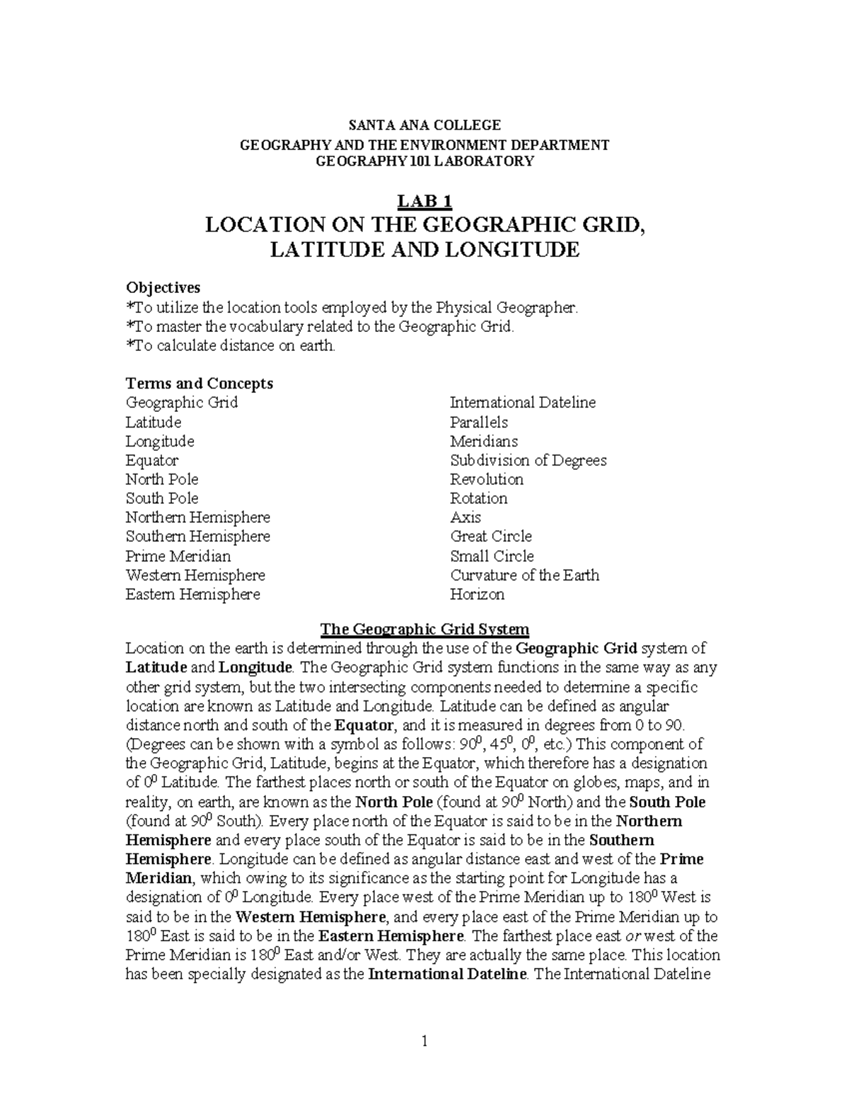 Lab #1 The Geographic Grid - SANTA ANA COLLEGE GEOGRAPHY AND THE ...