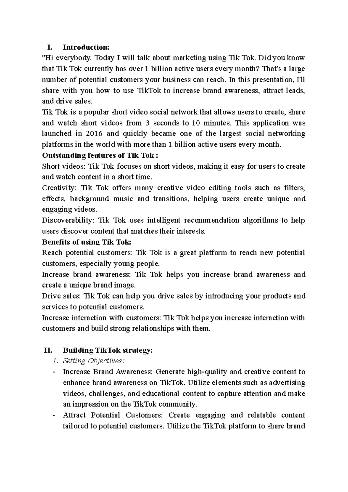 Speaking tiktok - Summary Study skill - I. Introduction: "Hi everybody ...