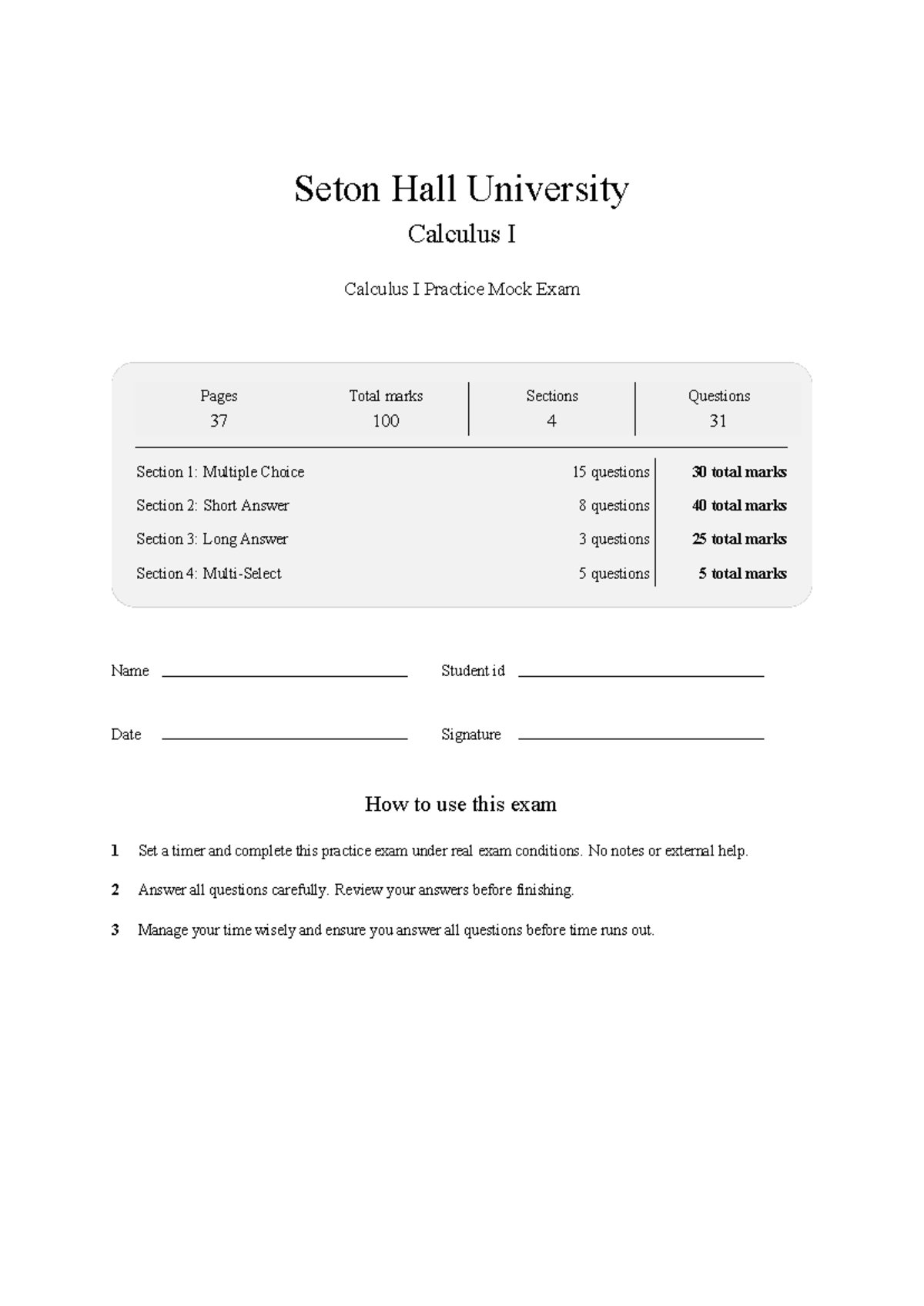 MATH 1401 Calculus I Seton Hall Practice Mock Exam 2026 - Studocu