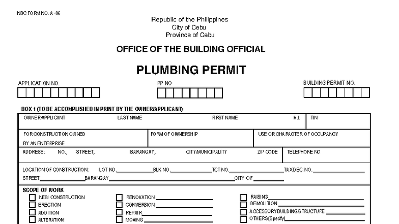Plumbing Permit Application - Cebu City (NBC FORM NO. A) - Studocu