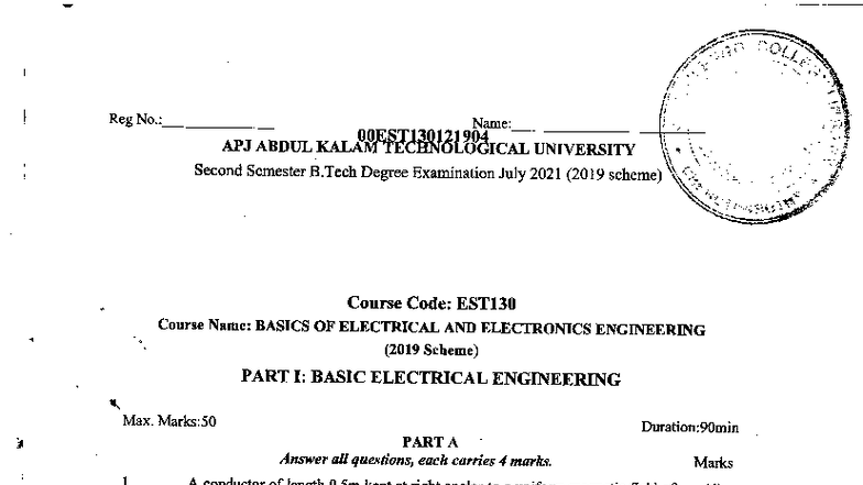 EST130: B.Tech Basic Electrical Engineering Exam Paper - July 2021 - Studocu
