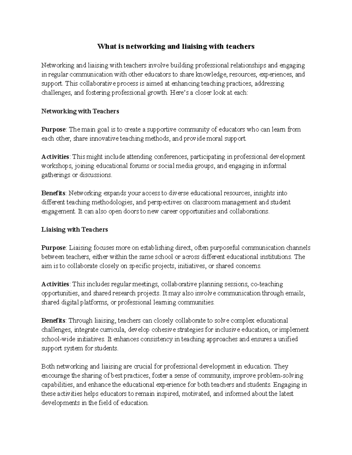 Networking and liasing with teachers - What is networking and liaising ...