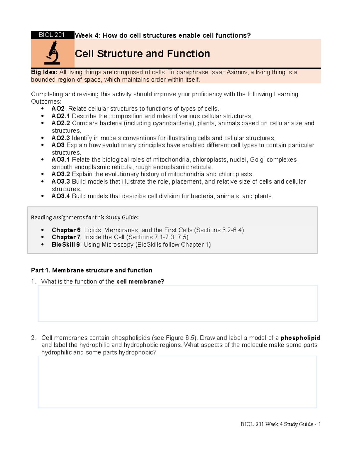 BIOL201 Study Guide W04: Membranes & Cell Structures - Studocu