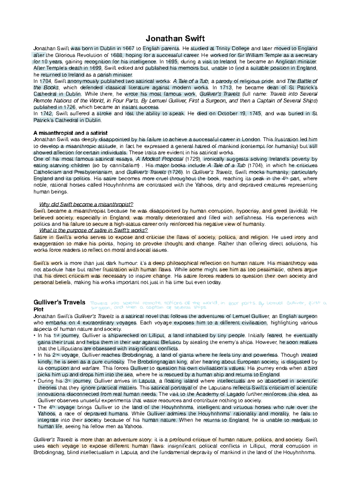 Jonathan Swift: Approfondimento sull'Autore e le Sue Opere - Studocu