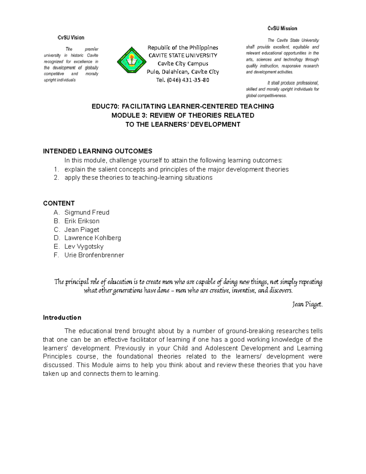 EDUC70: Module 3 - Theories of Learners' Development Review - Studocu