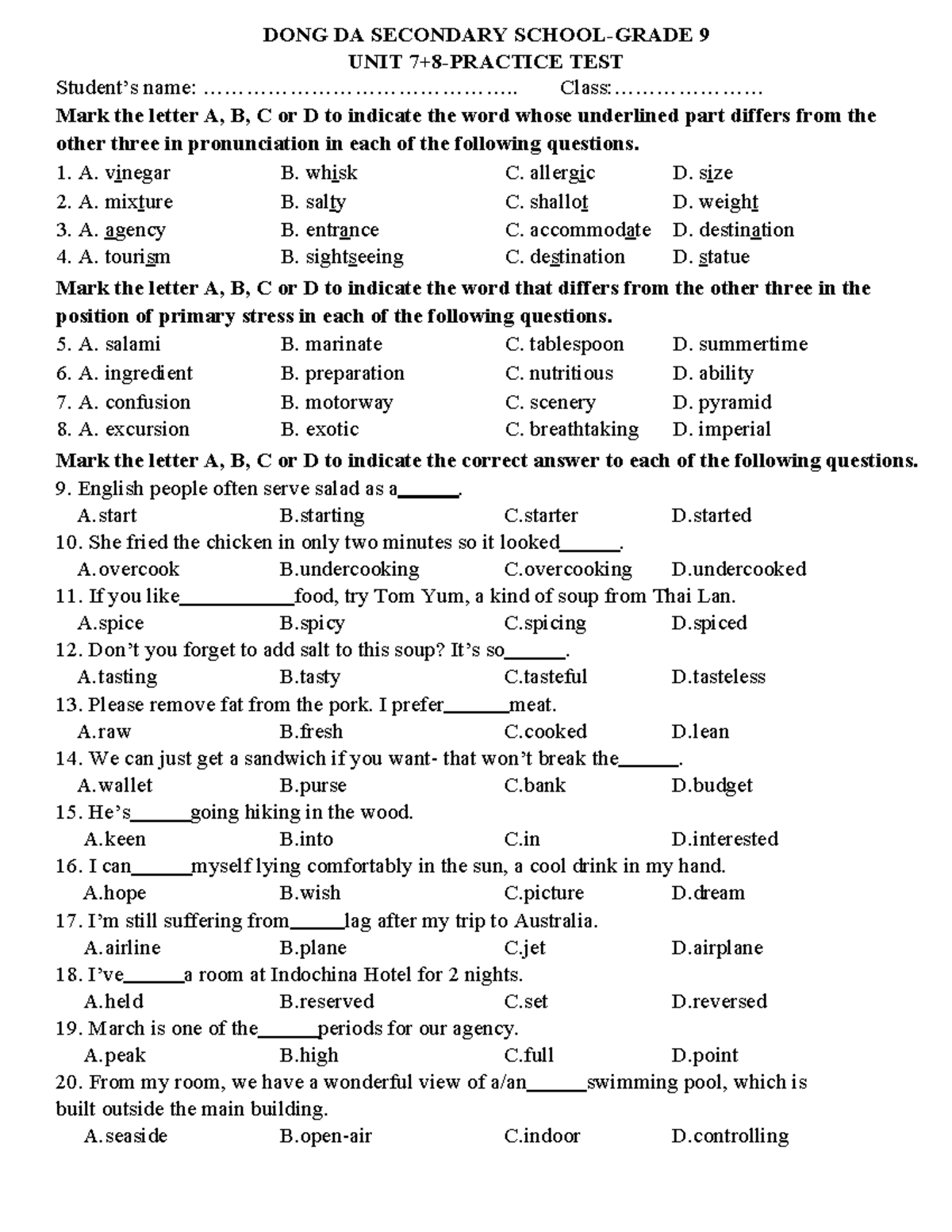 Grade 9 - U78 Unit Test: Pronunciation & Stress Practice - Studocu