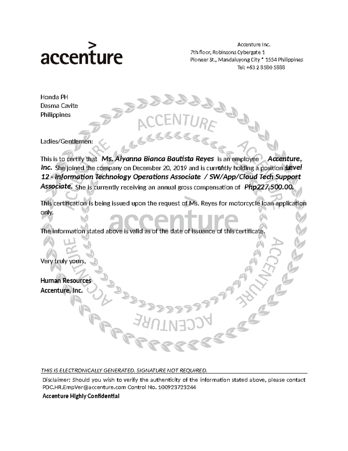 Reyescoe - Resignation - Accenture Inc. 7th floor, Robinsons Cybergate ...