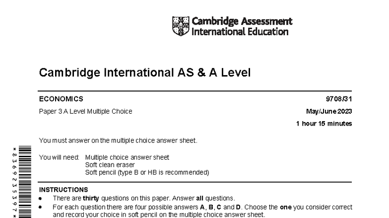 Cambridge International AS A Level ECONOMICS Paper 3 MCQ Practice ...