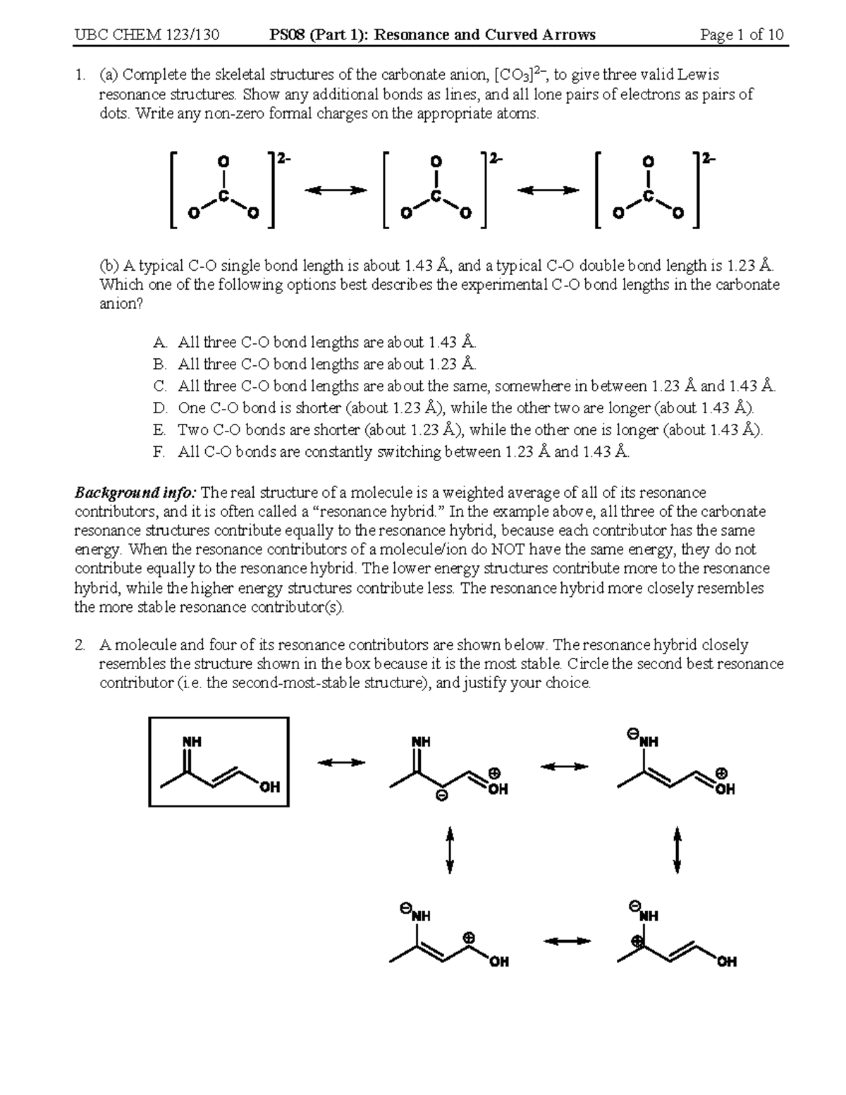 UBC CHEM PS08: Resonance Structures and Curved Arrow Notation - Studocu