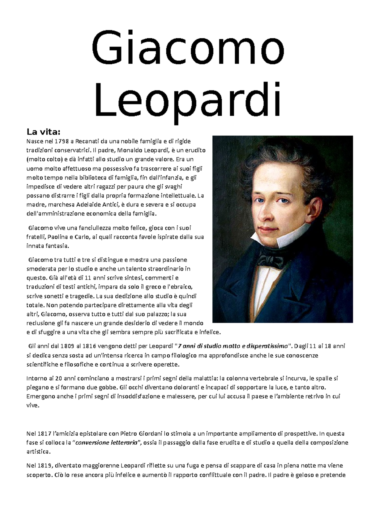 Giacomo Leopardi - vita e opere - Giacomo Leopardi ####### La vita ...