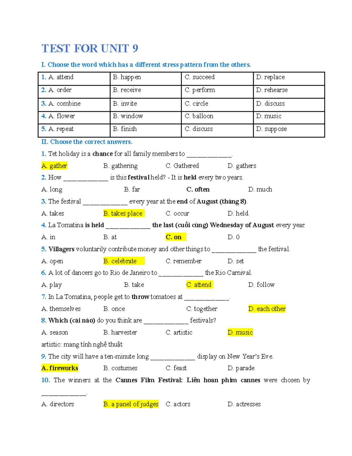 TEST FOR UNIT 9 - Lớp 7: Vocabulary & Grammar Exercises - Studocu