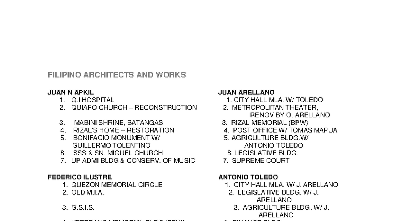 FILIPINO ARCHITECTS AND THEIR WORKS 4: A Comprehensive Overview - Studocu