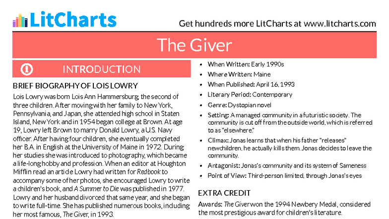 The Giver: Comprehensive LitChart Analysis and Summary - Studocu