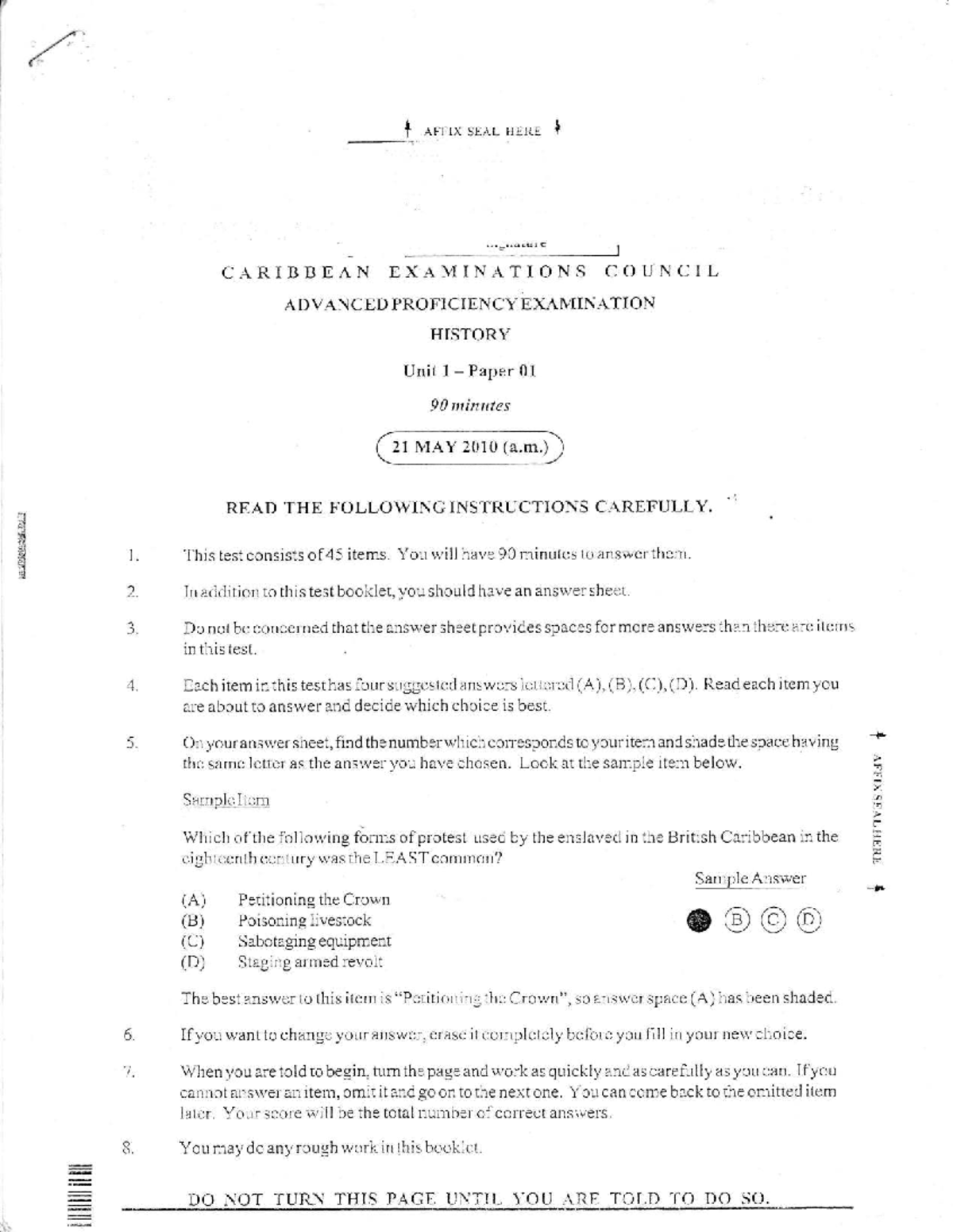 CAPE History U1 P1 2010 Final Exam Instructions and Sample Questions ...