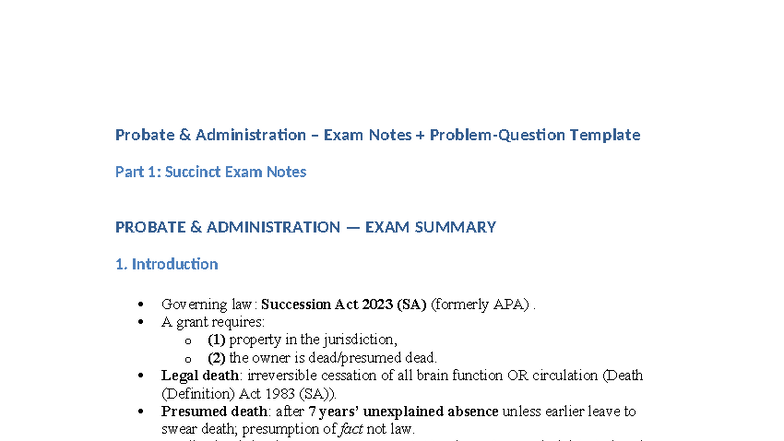 Probate Administration Exam Notes Template - Part 1 Summary (SA) - Studocu