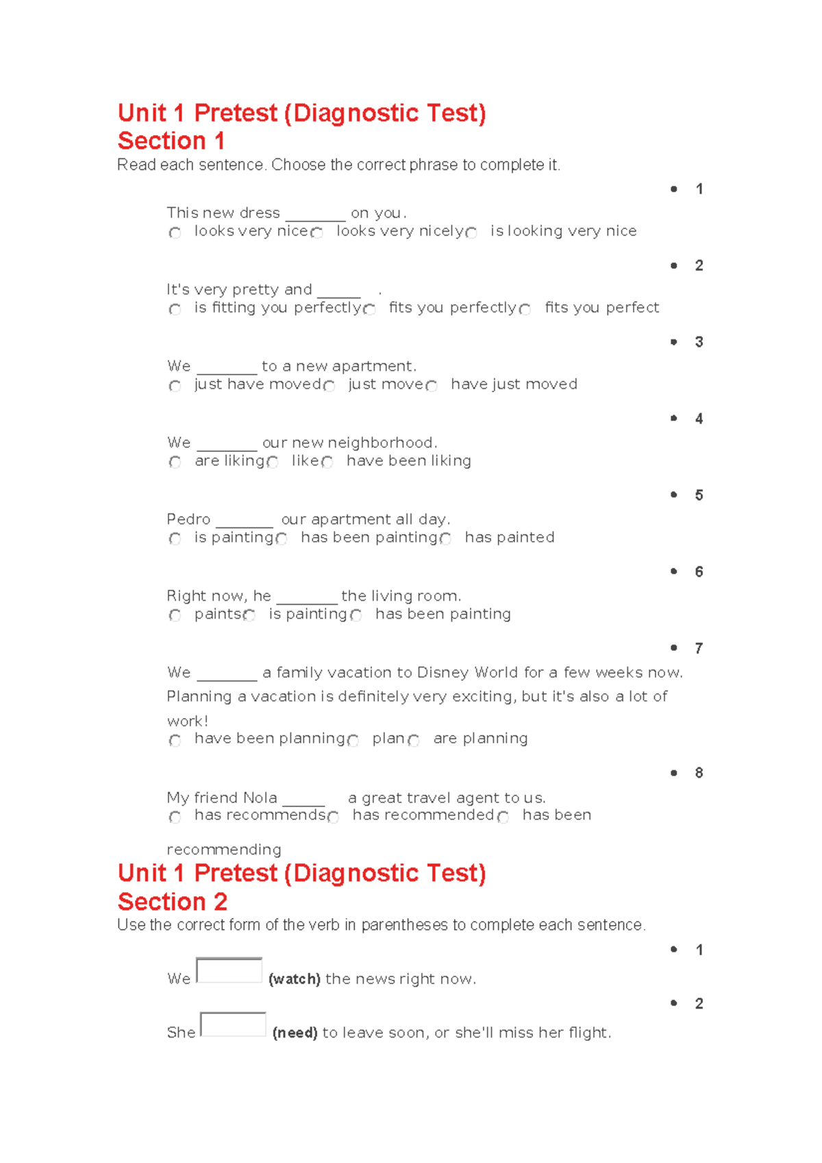 Unit 1 Pretest (Diagnostic Test) - Answer Key - Studocu