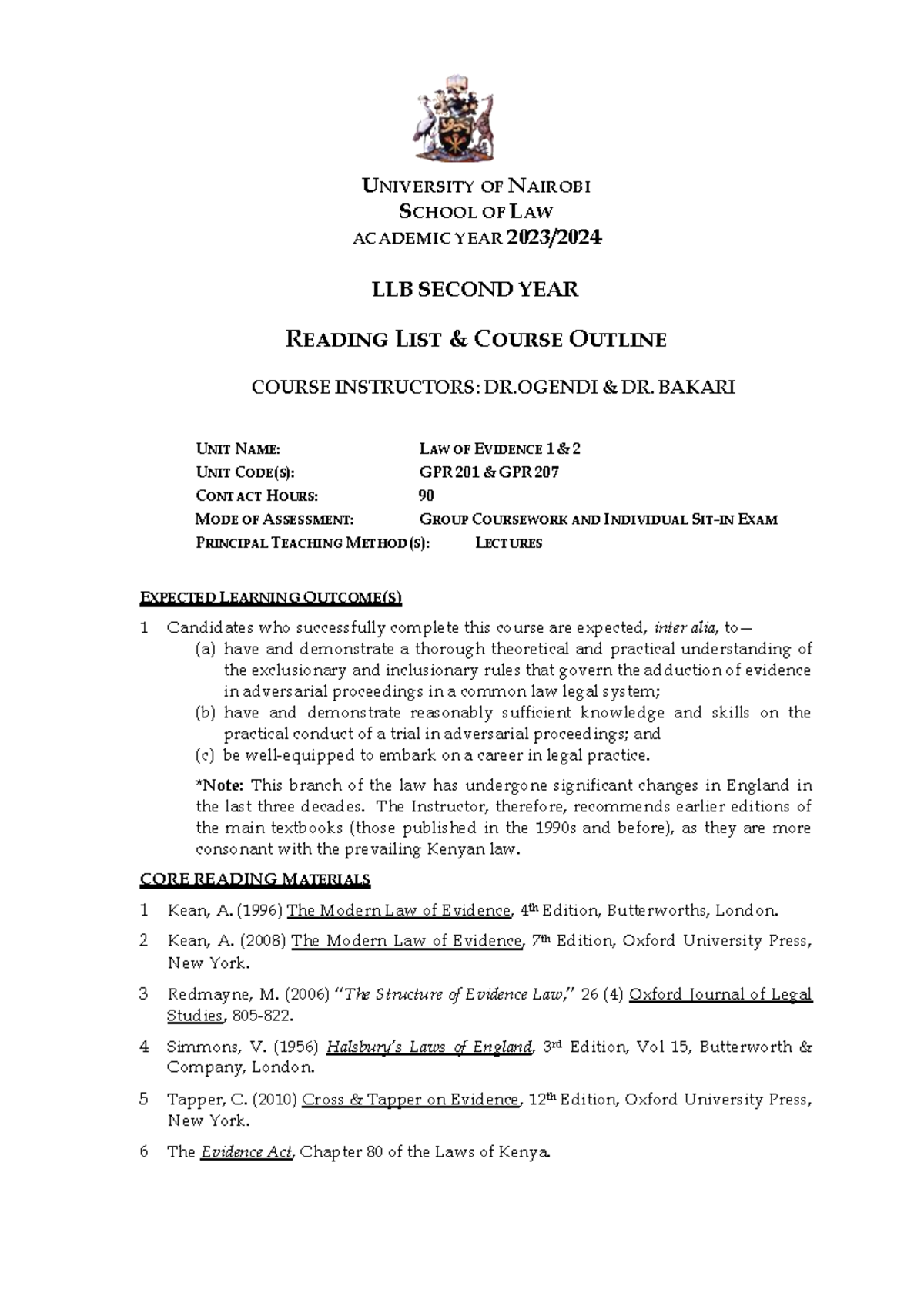 Law of Evidence Course Outline 2023 - UNIVERSITY OF NAIROBI SCHOOL OF ...