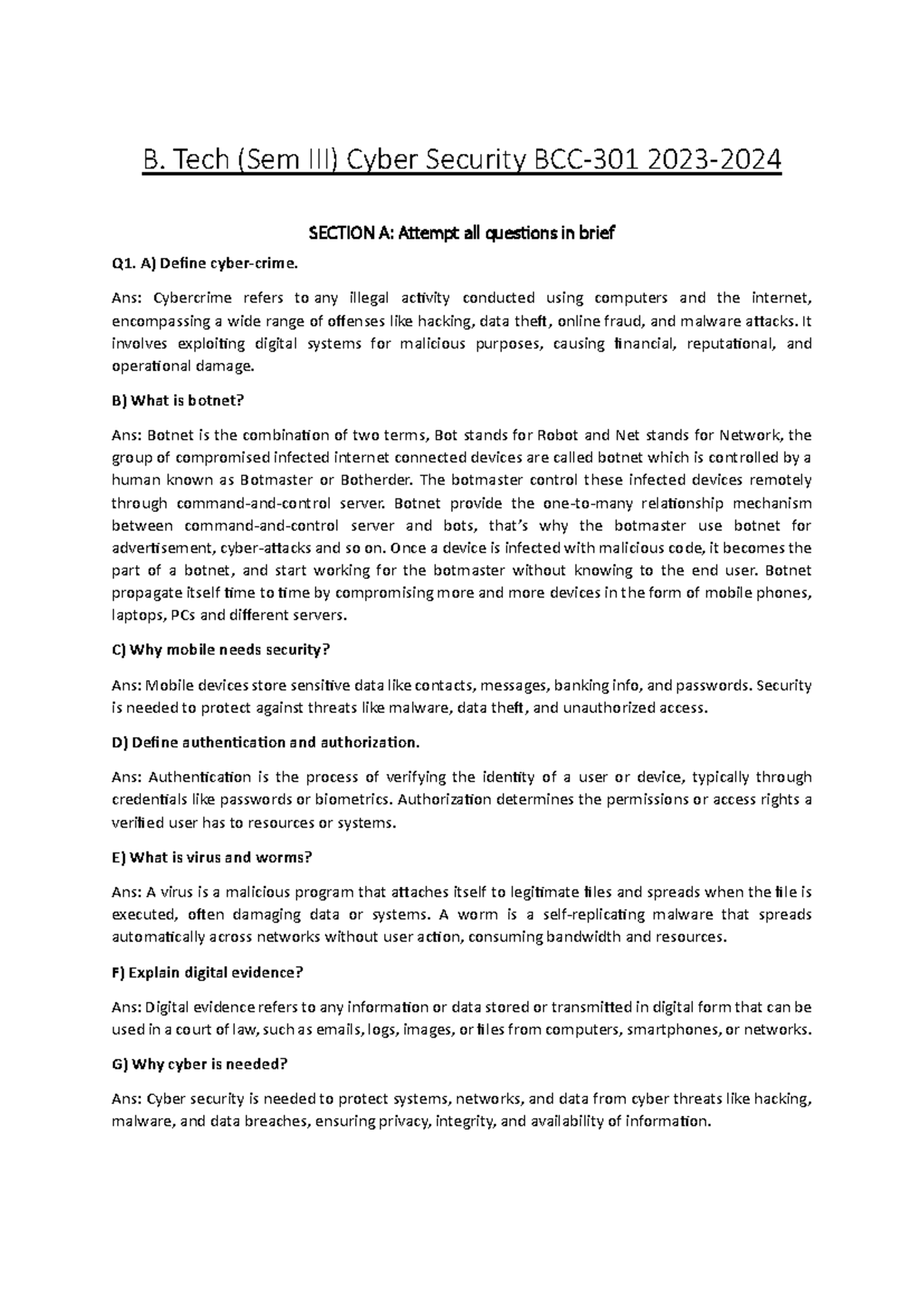 B. Tech (Sem Cyber Security) Previous Year Solutions for Exam Prep - Studocu