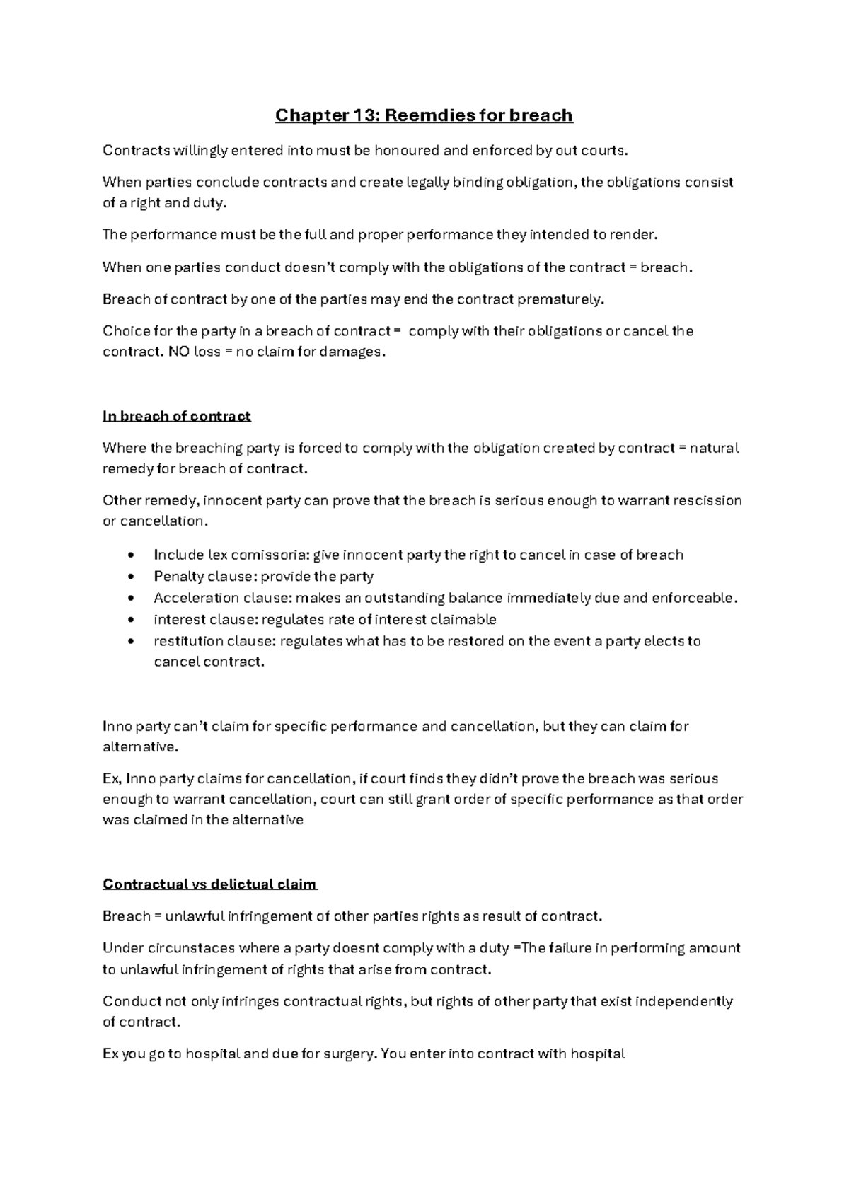 Law of Contract: Chapter 13 - Remedies for Breach of Contract - Studocu