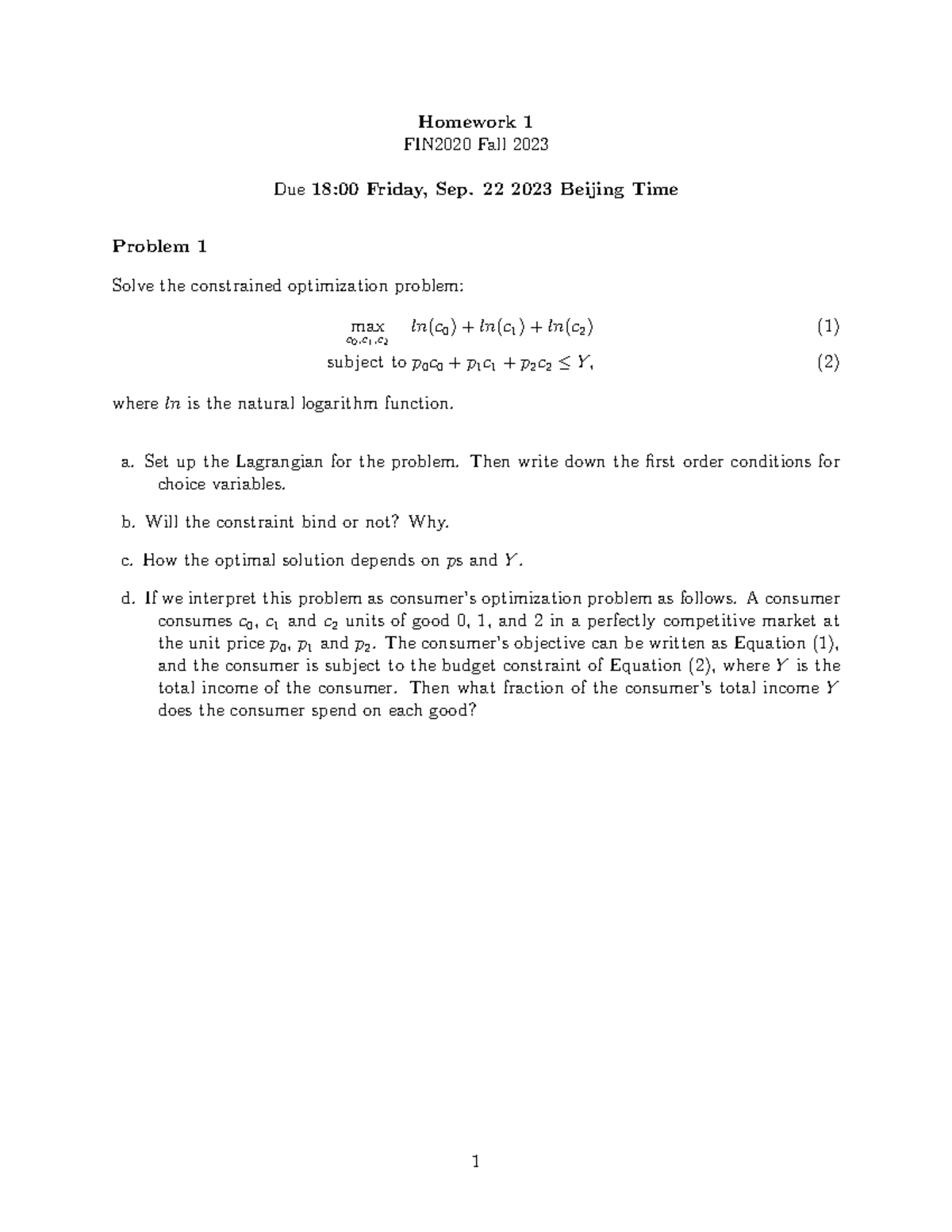 HW01 - Constrained Optimization Problems FIN2020 Fall 2023 - Studocu