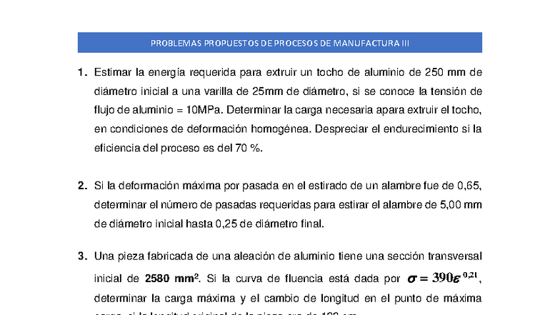 Problemas Propuestos de Procesos de Manufactura - Ing. Mecánica SEM A ...