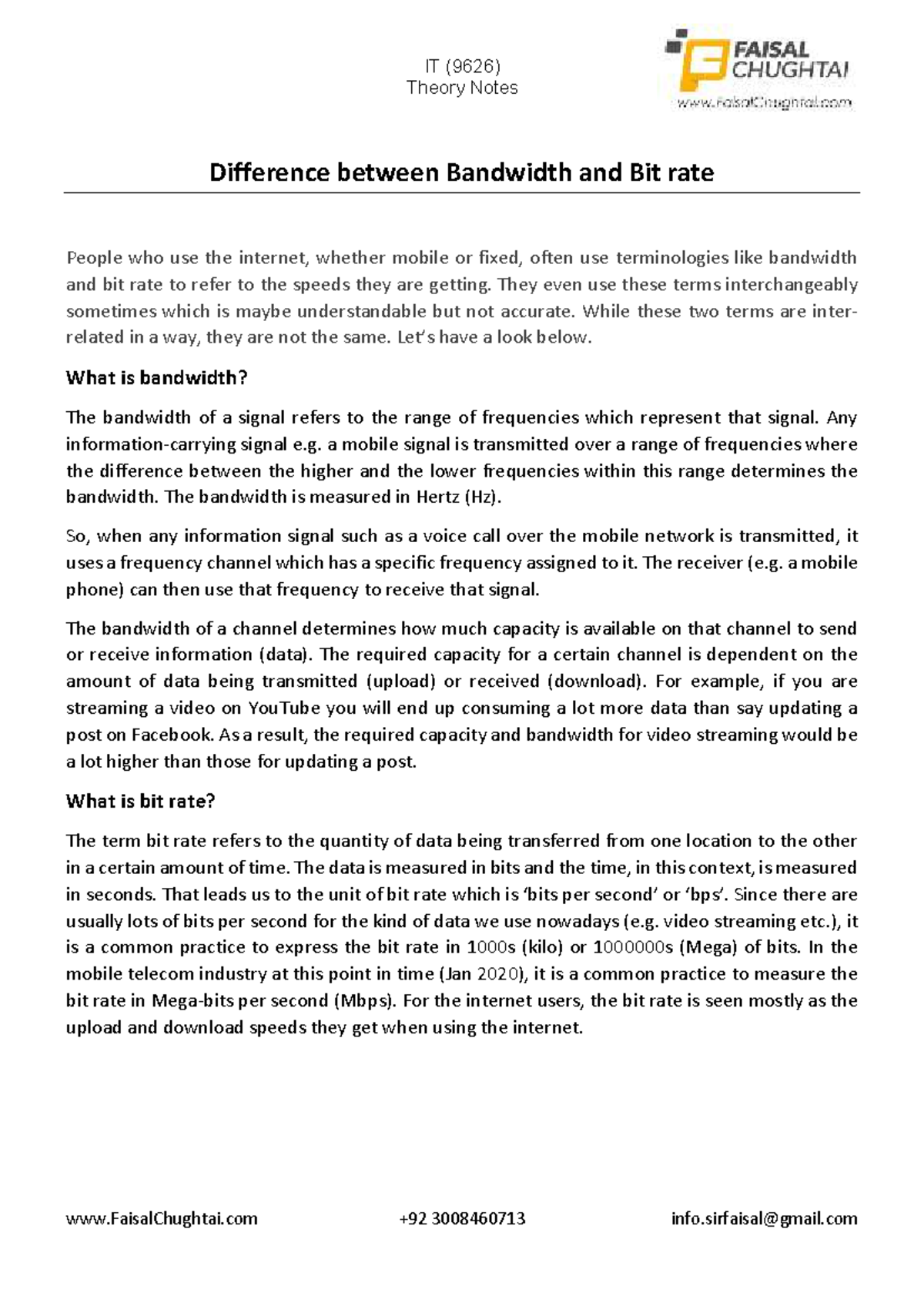 IT (9626) Theory Notes: Bandwidth vs Bit Rate Explained - Studocu