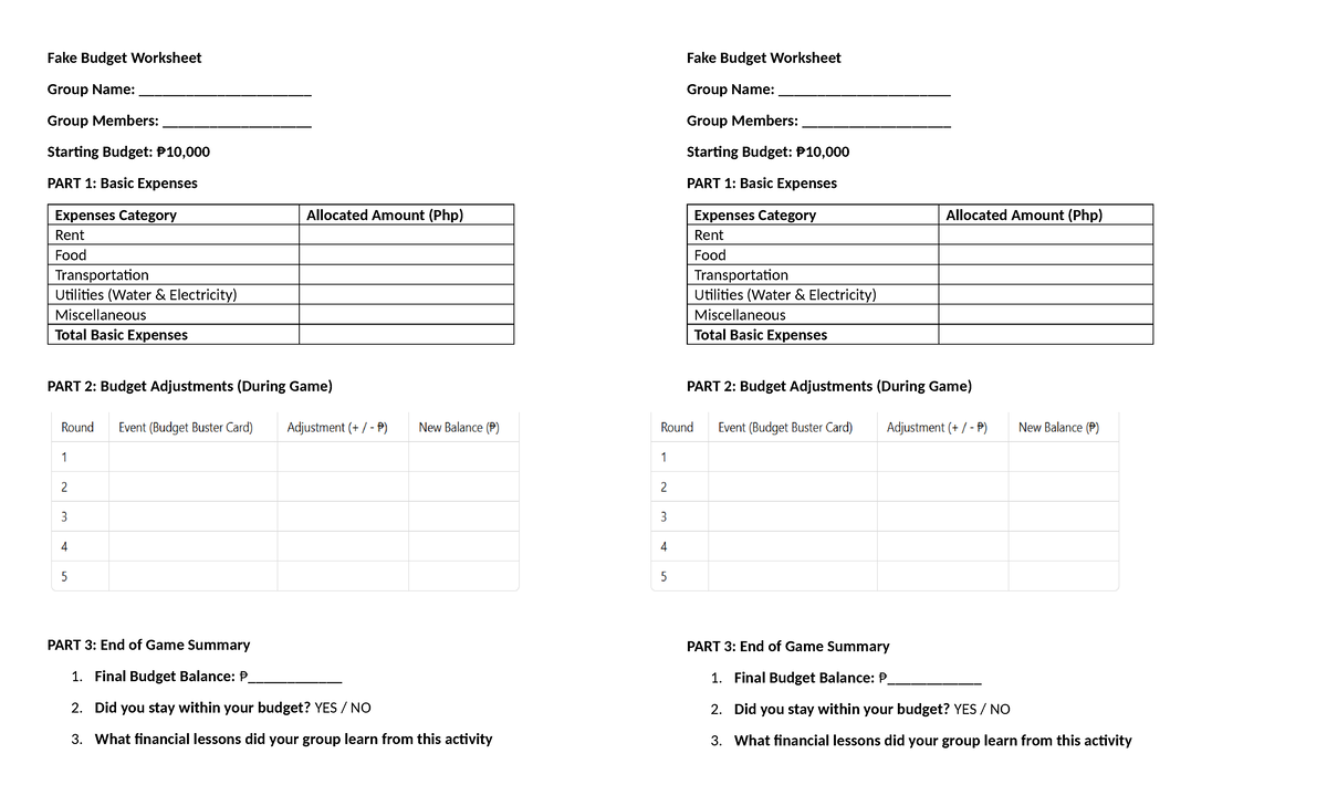 Fake Budget Worksheet - Activity Notes for Group Project - Studeersnel