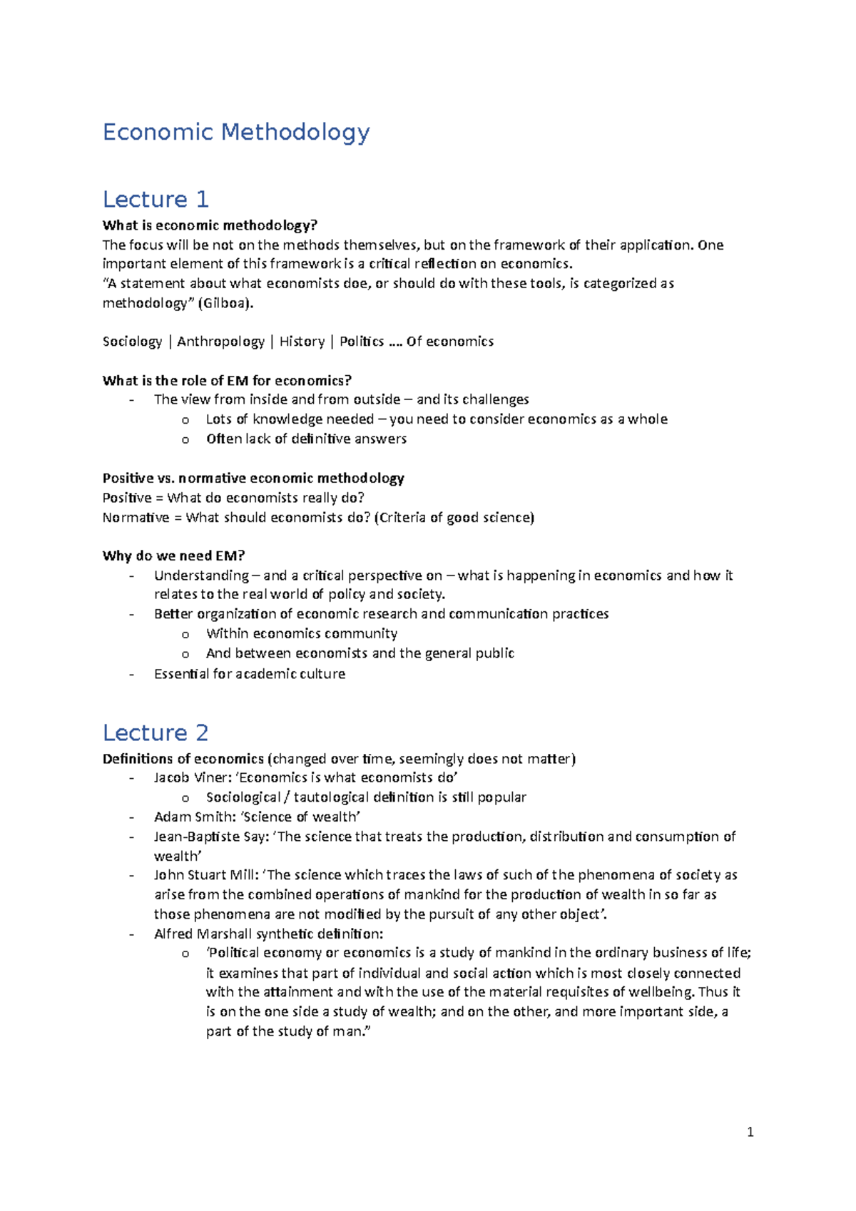 EM 101: Economic Methodology Lecture Summaries and Insights - Studeersnel