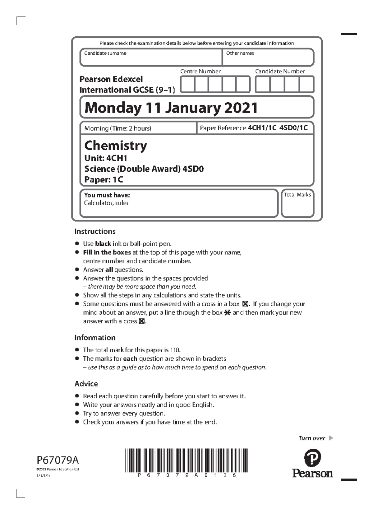 Past Paper if IGCSE - Candidate surname Other names Total Marks Centre ...