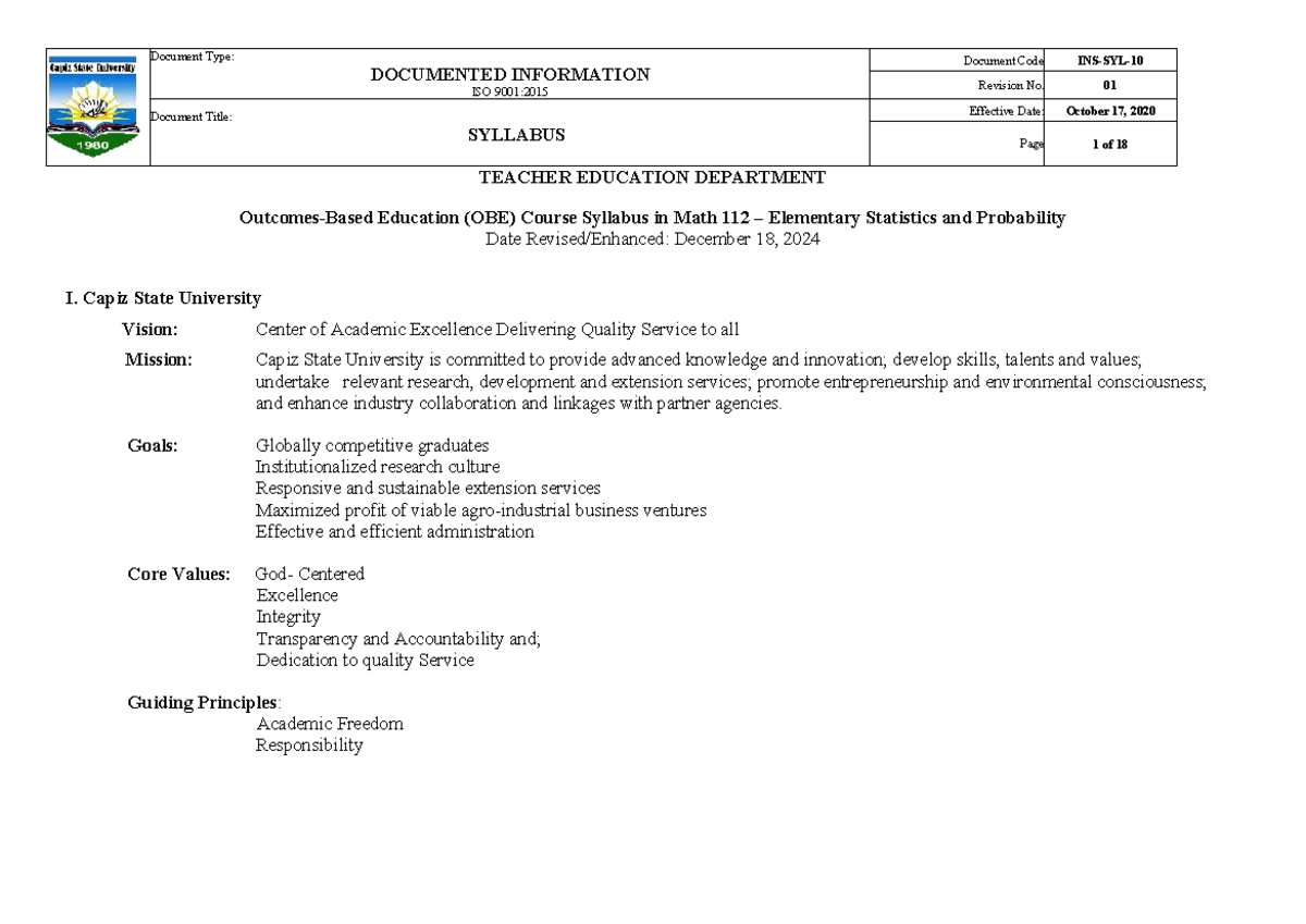 BSED-Math-112 Syllabus: Elementary Statistics & Probability - Studocu
